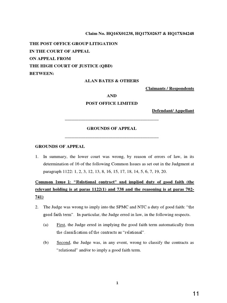 Common Issues judgment: Grounds of Appeal | Contractual Term | Appeal