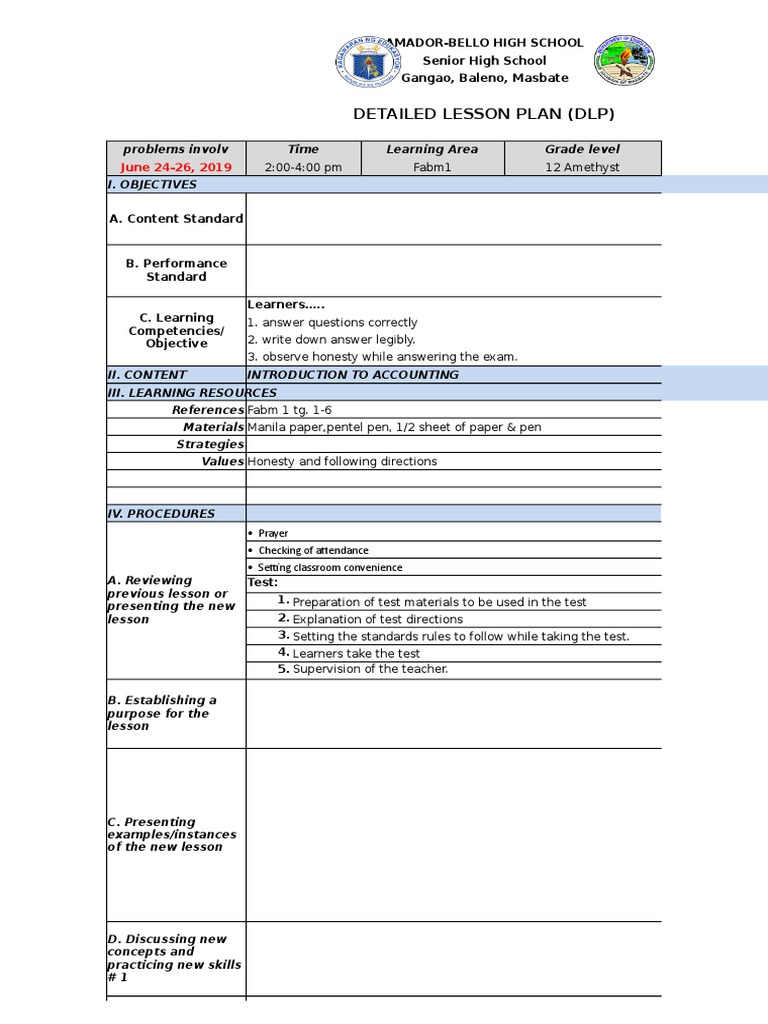 Detailed Lesson Plan (Dlp): June 24-26, 2019 | Lesson Plan | Accounting