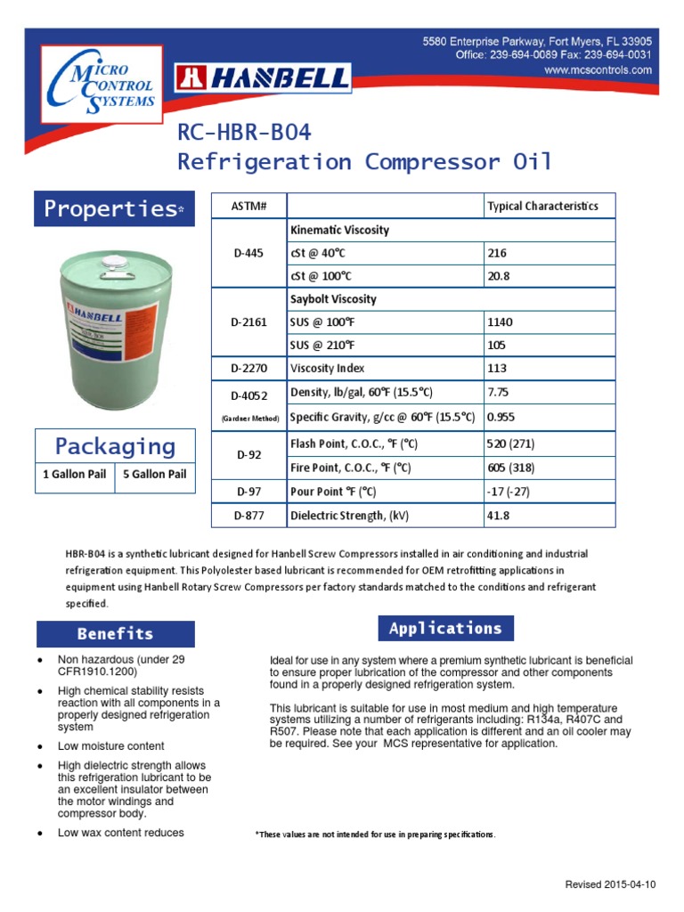 Hanbell Lubricant Spec Sheet HBR-B04 | PDF | Viscosity | Lubricant