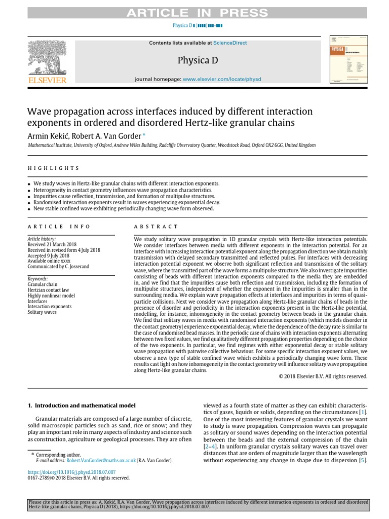 Physica D: Armin Kekić, Robert A. Van Gorder | PDF | Waves | Collision