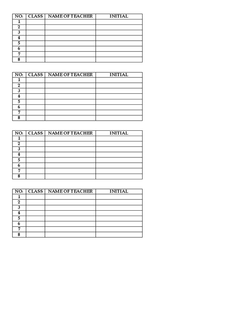 No: Class Name of Teacher Initial 1 2 3 4 5 6 7 8 | PDF | Language Arts ...