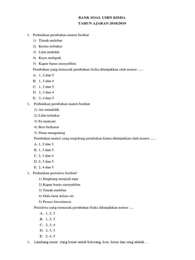 Bank Soal Usbn Kimia 1819 k06 | PDF