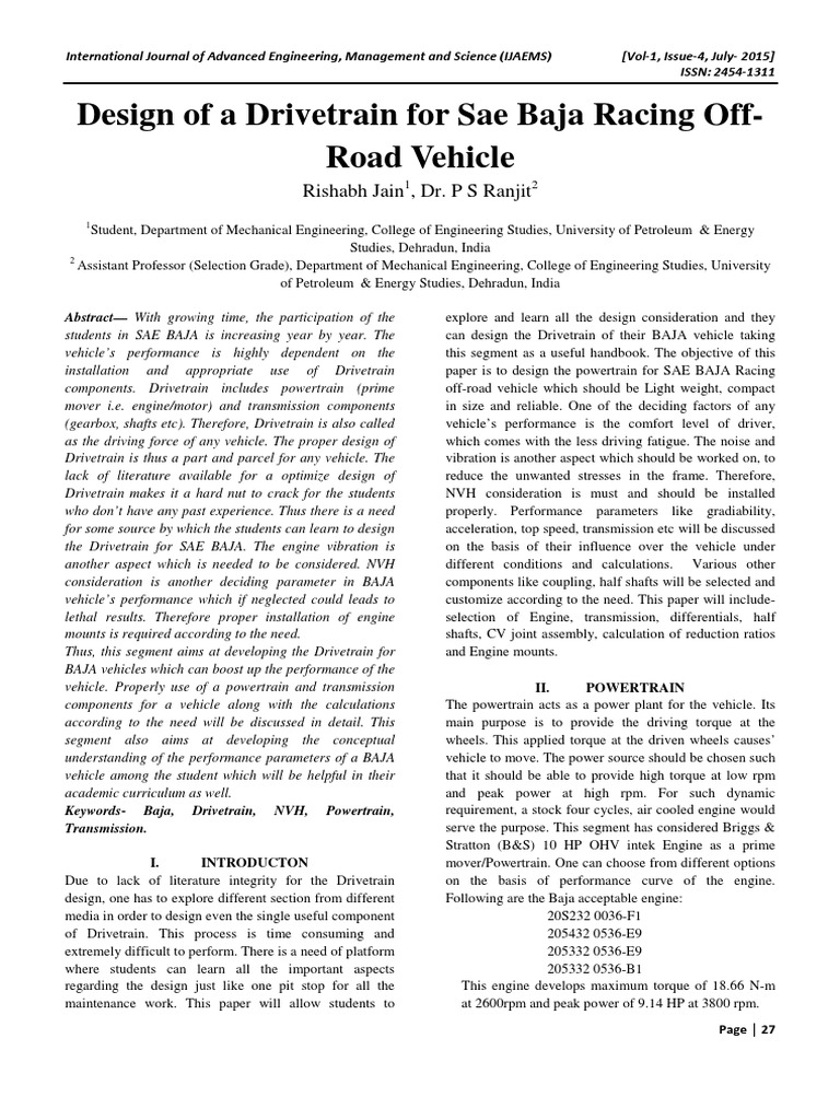 Drivetrain Design for SAE Baja Students | PDF | Transmission (Mechanics ...