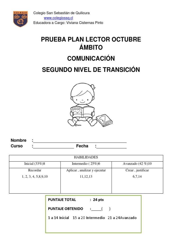 Prueba Plan Lector Octubre Kinder 2018 | PDF