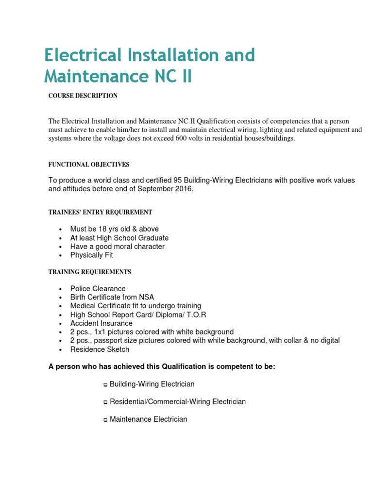 nc2 Requirement | PDF | Electrician | Manufactured Goods