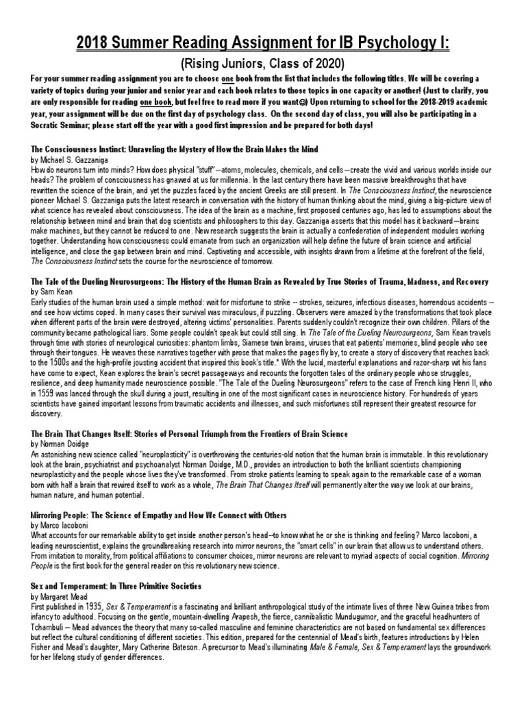 2018 Summer Reading Assignment For IB Psychology I | PDF | Emotions ...