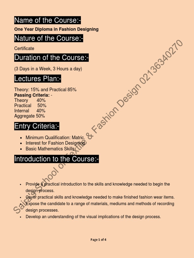 1 Year Diploma in Fashion Designing | PDF | Sewing | Clothing
