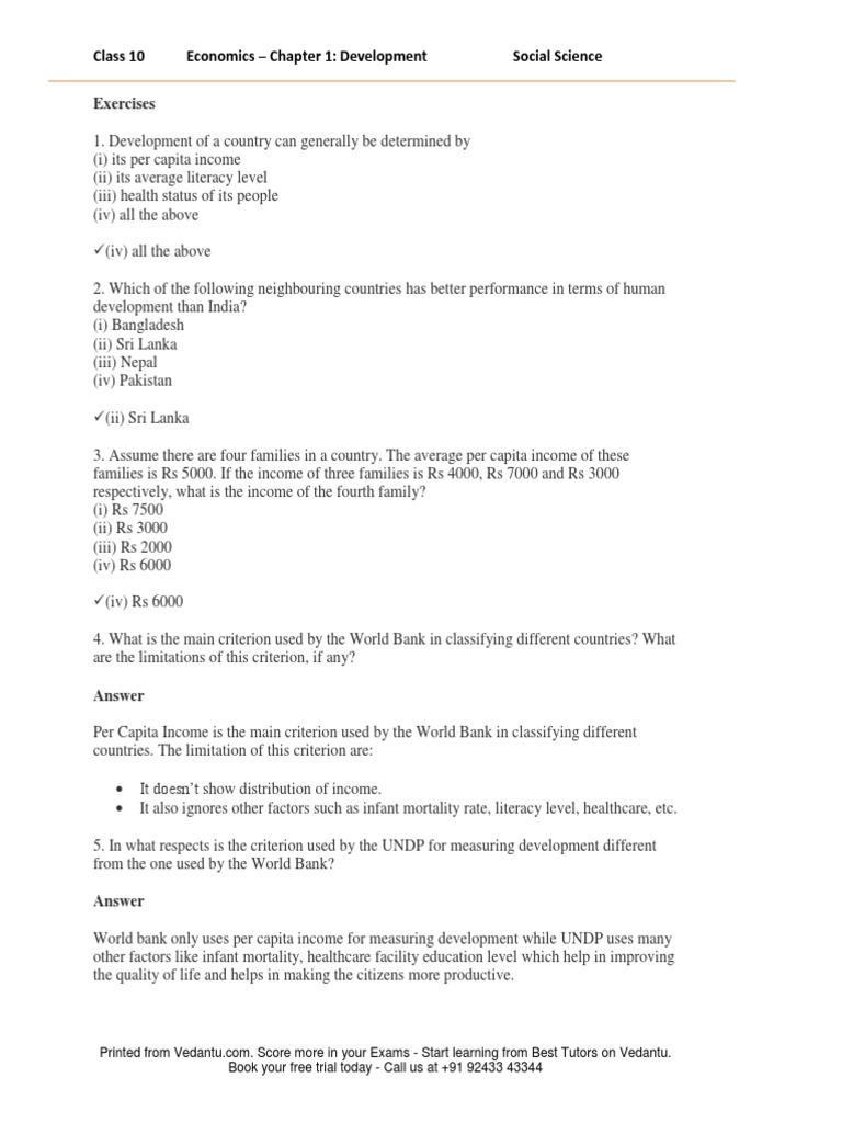 Exercises: Class 10 Economics - Chapter 1: Development Social Science ...