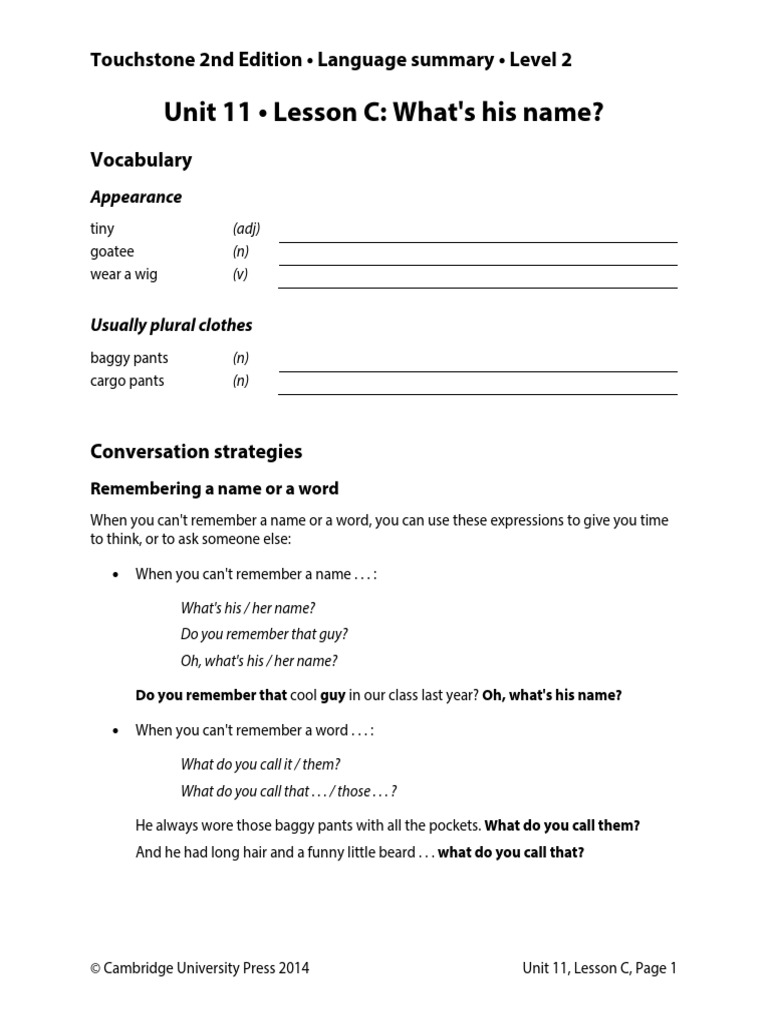 Unit 11 - Lesson C: What's His Name?: Touchstone 2nd Edition - Language Summary - Level 2 | PDF