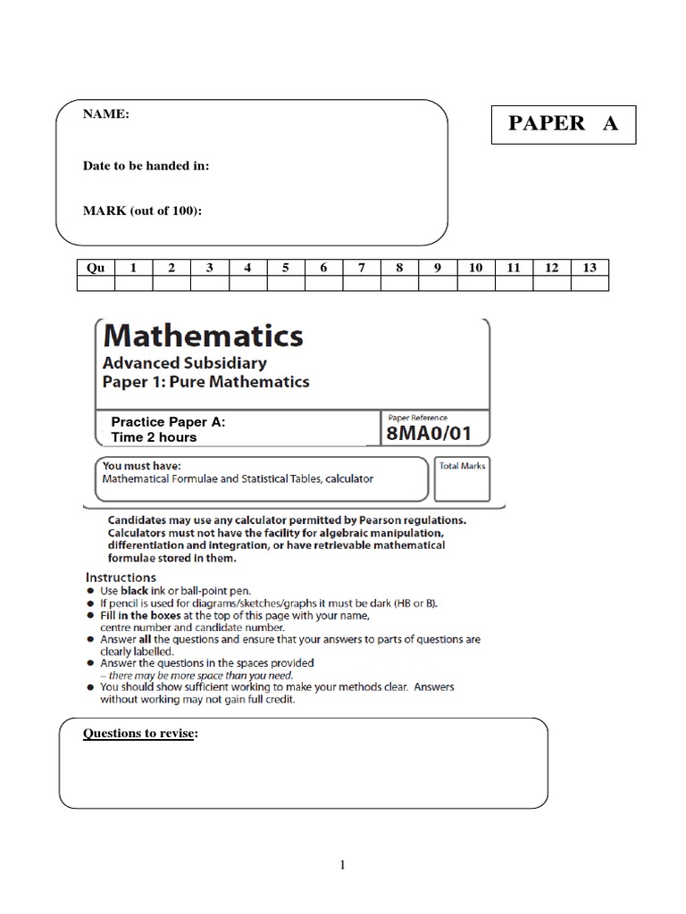 Pure Math Practice Paper A | PDF | Cartesian Coordinate System | Curve