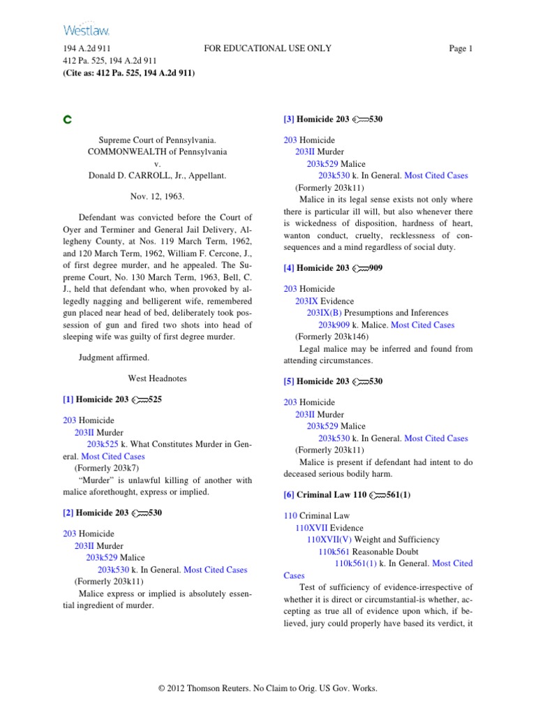 Commonwealth V Carroll | PDF | Murder | Mens Rea