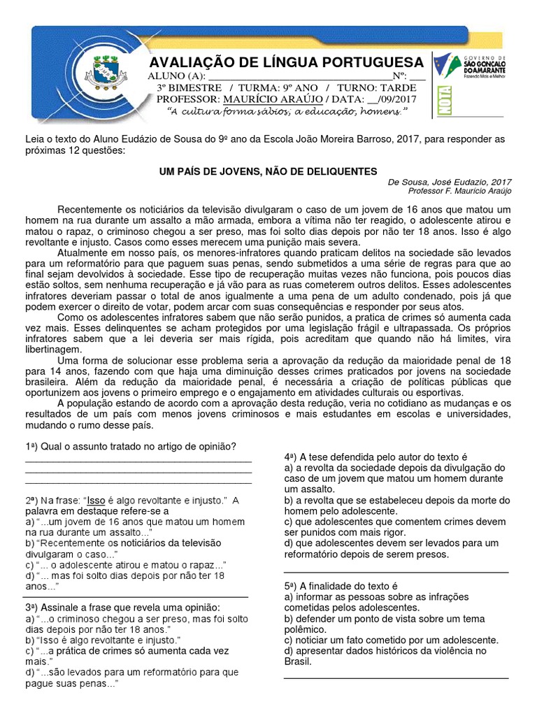 Prova Port. 9° Ano - 3° Bim 2017 | PDF | Adolescência | Cidadania