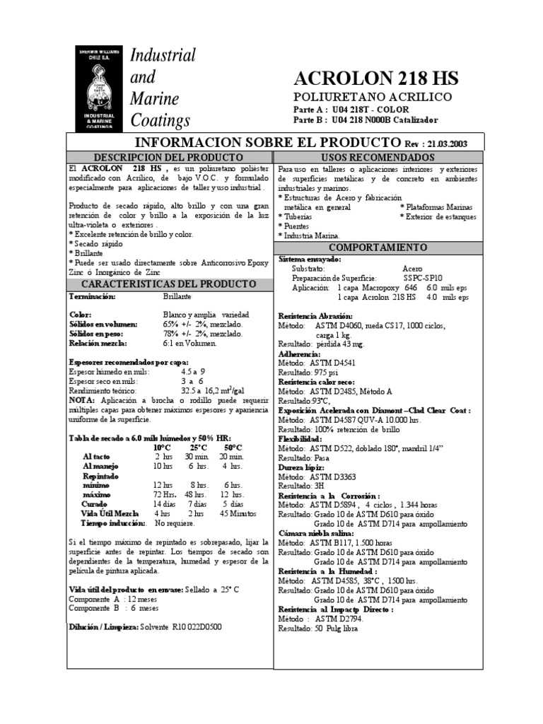 Ficha Técnica Acrolon 218 HS | PDF | Aluminio | Poliuretano
