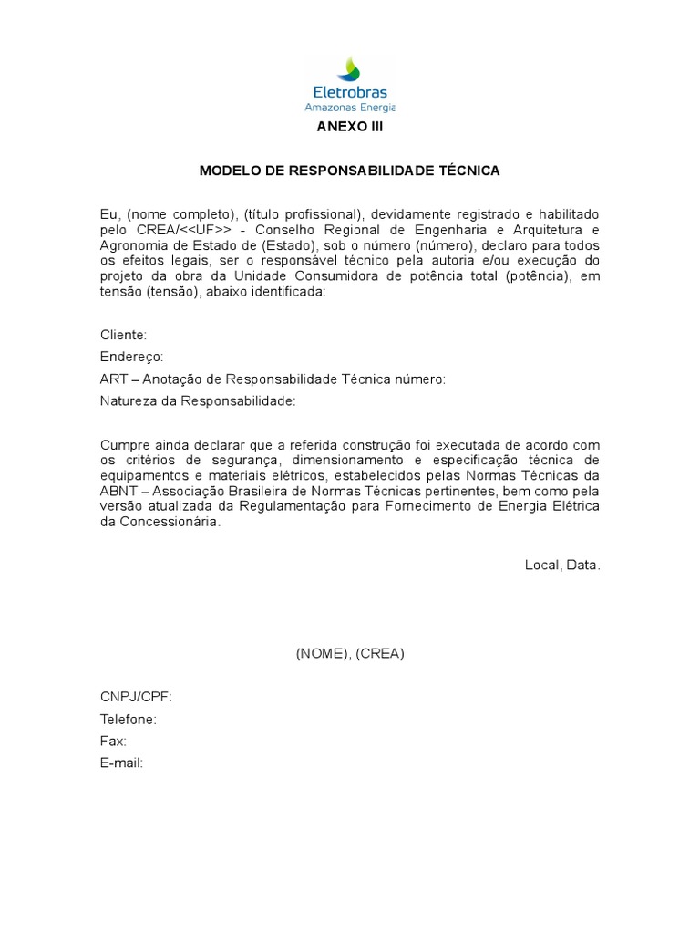 Anexo III Modelo de Responsabilidade Técnica | PDF