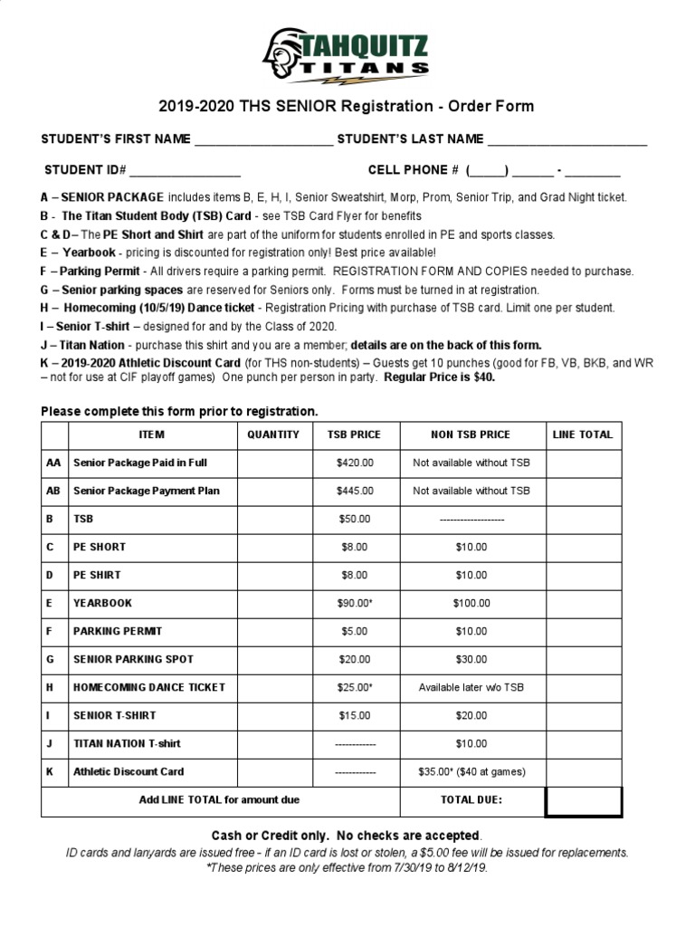 Ths Senior Registration Order Form 2019-2020 | PDF | Payments | Business