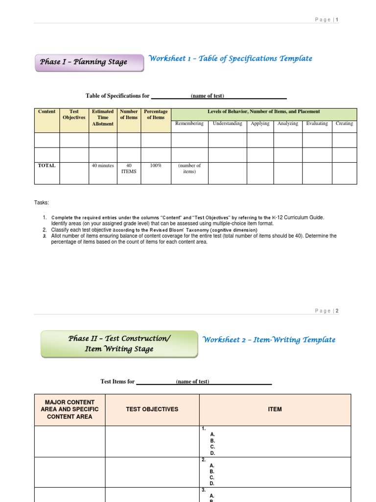 Phase I - Planning Stage: Worksheet 1 - Table of Specifications ...