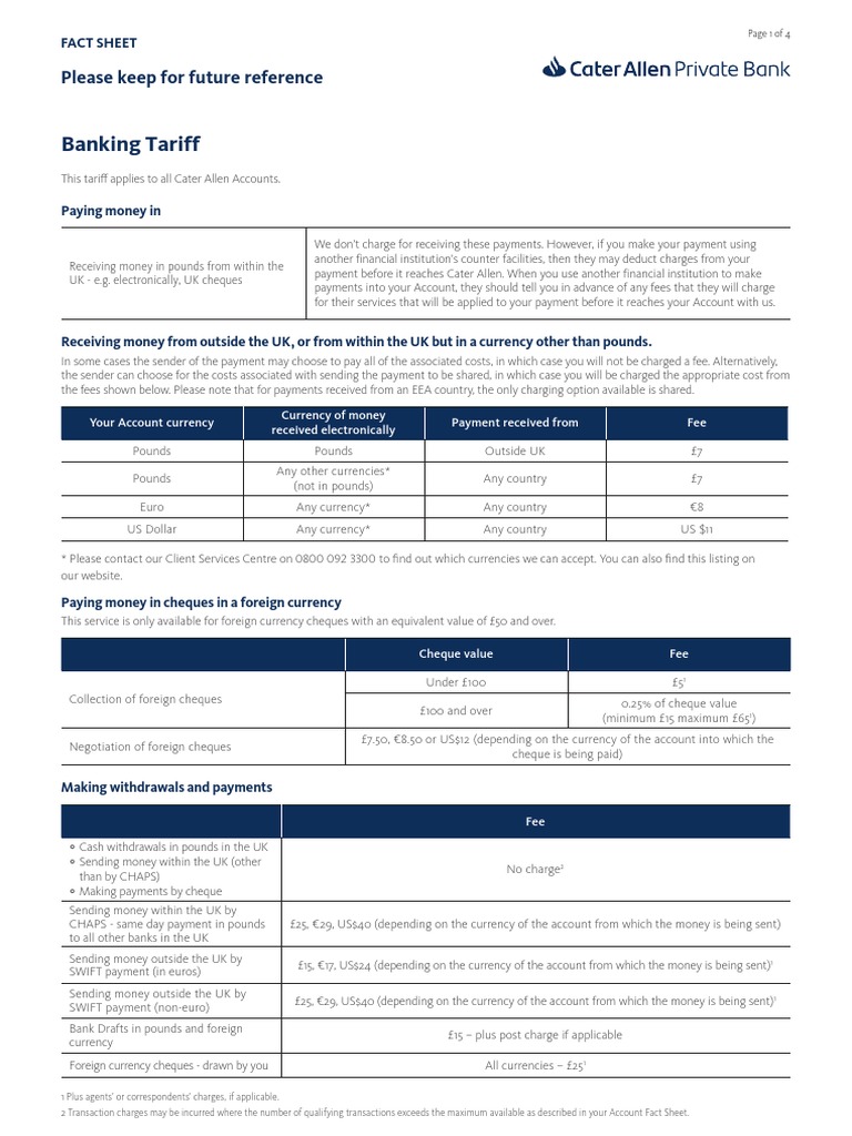 Cater Allen Banking Tariffs | PDF | Overdraft | Euro
