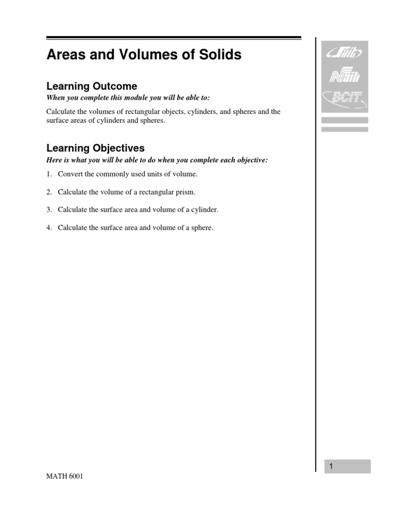 Calculate Volumes & Areas of Solids | PDF | Volume | Area