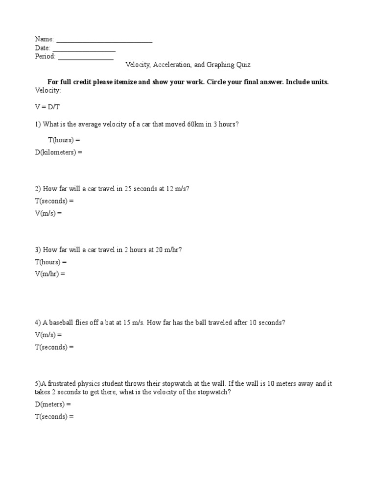 Velocity Acceleration Graphing Quiz | PDF | Velocity | Acceleration