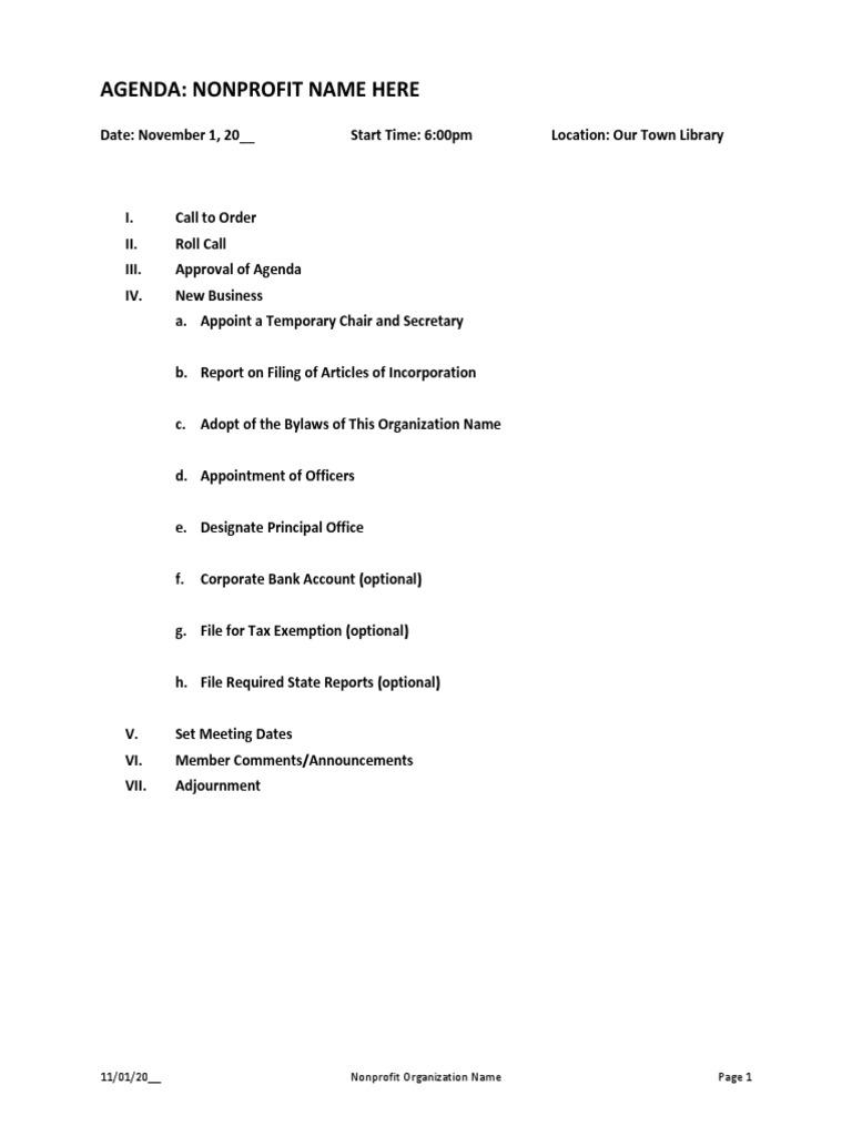 First Meeting Sample Agenda No Motions | PDF