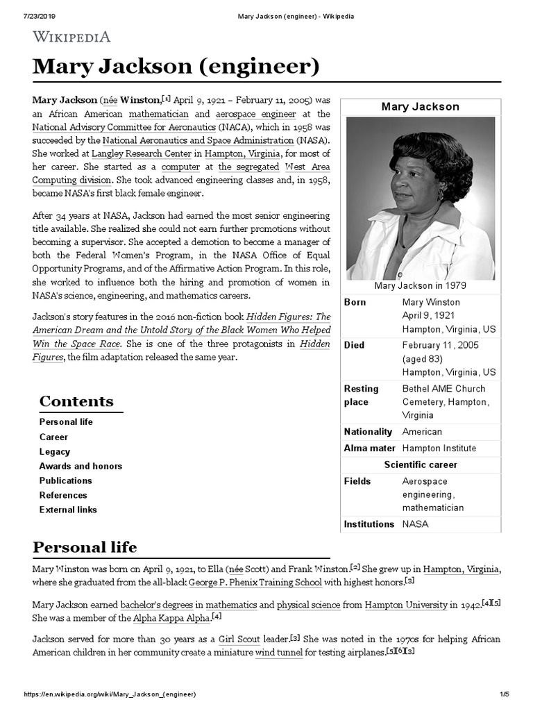 Mary Jackson (Engineer) - Wikipedia | PDF | Fluid Dynamics | Aerospace ...