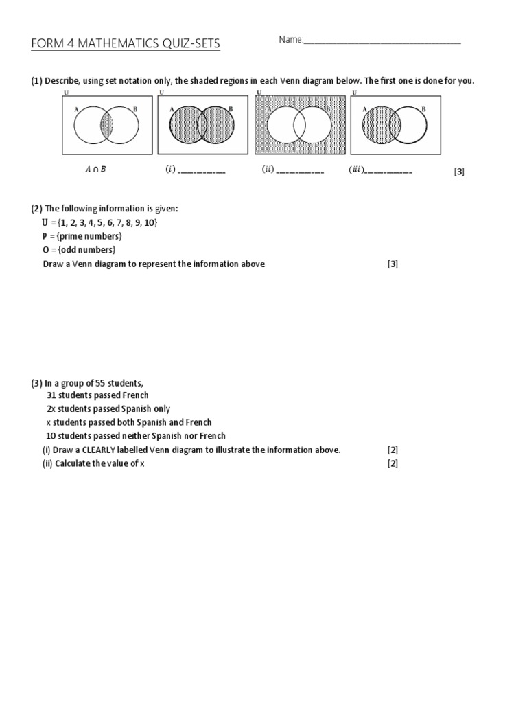 Form 4 Mathematics Quiz-Sets: Name | PDF