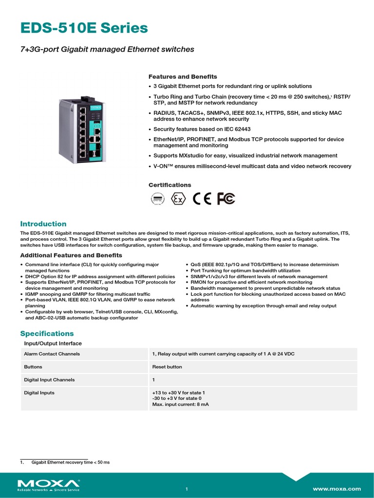 Moxa Eds 510e Series Datasheet v1.0 | PDF | Network Switch | Computer ...