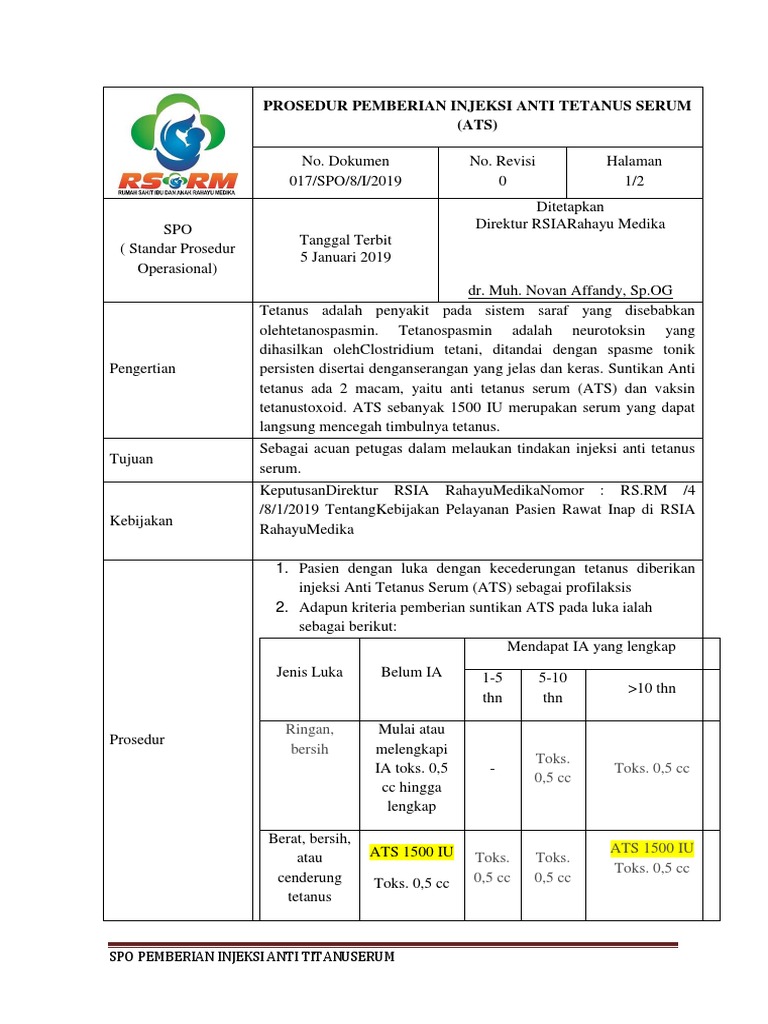 Spo Prosedur Pemberian Injeksi Anti Tetanus Serum (Ats) | PDF