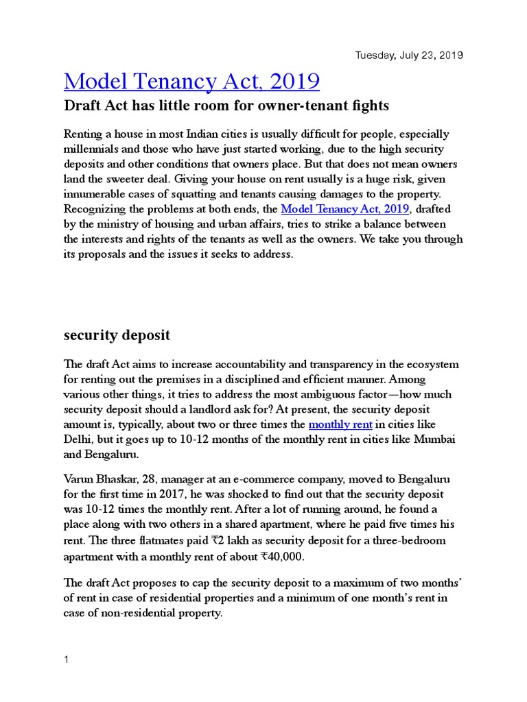 Model Tenancy Act | PDF | Leasehold Estate | Landlord
