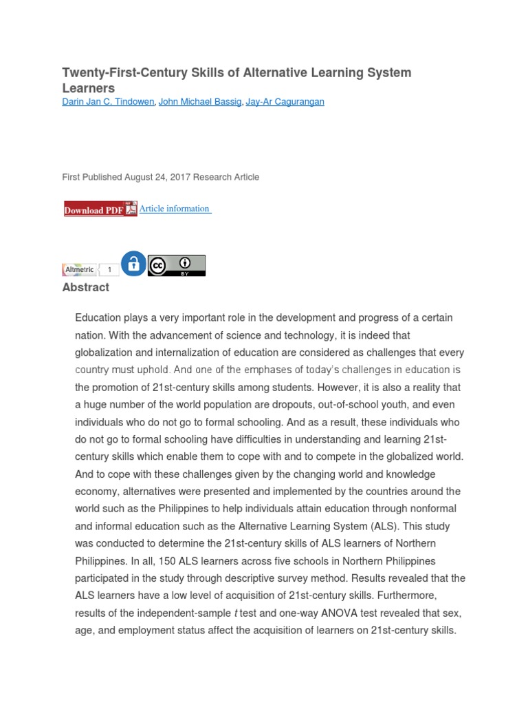 Twenty-First-Century Skills of Alternative Learning System Learners ...