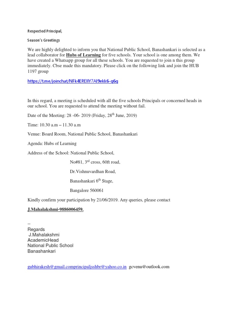 Respected Principal, Season's Greetings: J.Mahalakshmi-9886006459 | PDF