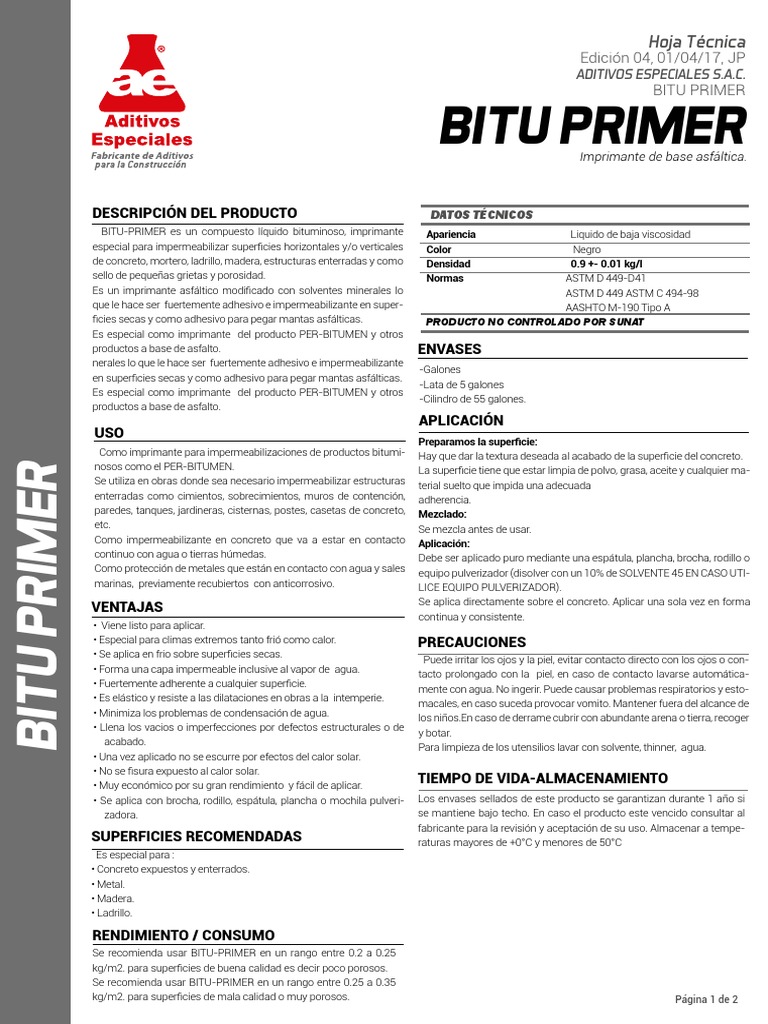 Imprimante Asfáltico BITU PRIMER | PDF | Hormigón | Agua