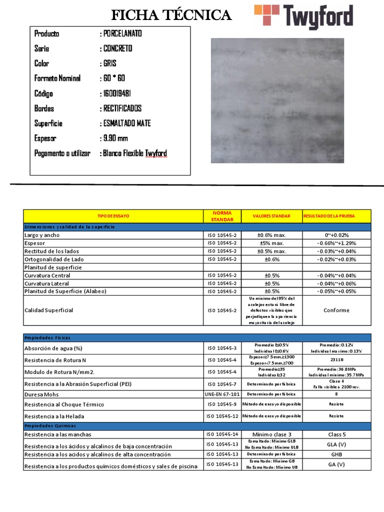 Ficha Técnica Porcelanato Gris 60 X 60 | PDF | Química | Materiales