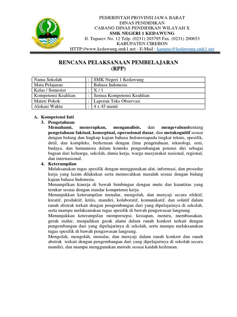 Rencana Pelaksanaan Pembelajaran (RPP) : SMK Negeri 1 Kedawung | PDF
