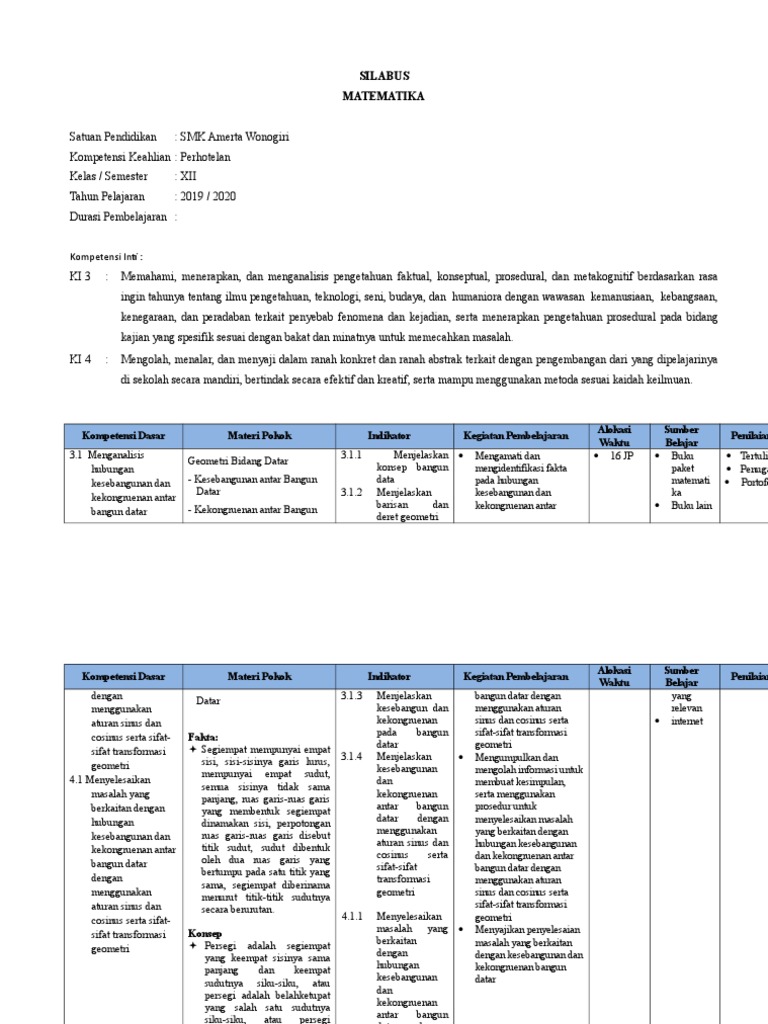Silabus MTK Kelas XII | PDF