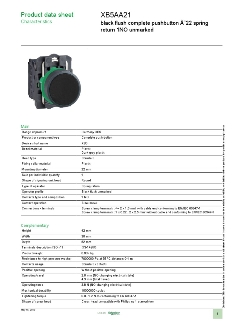 Product Data Sheet for the XB5AA21 Black Flush Complete Pushbutton with ...