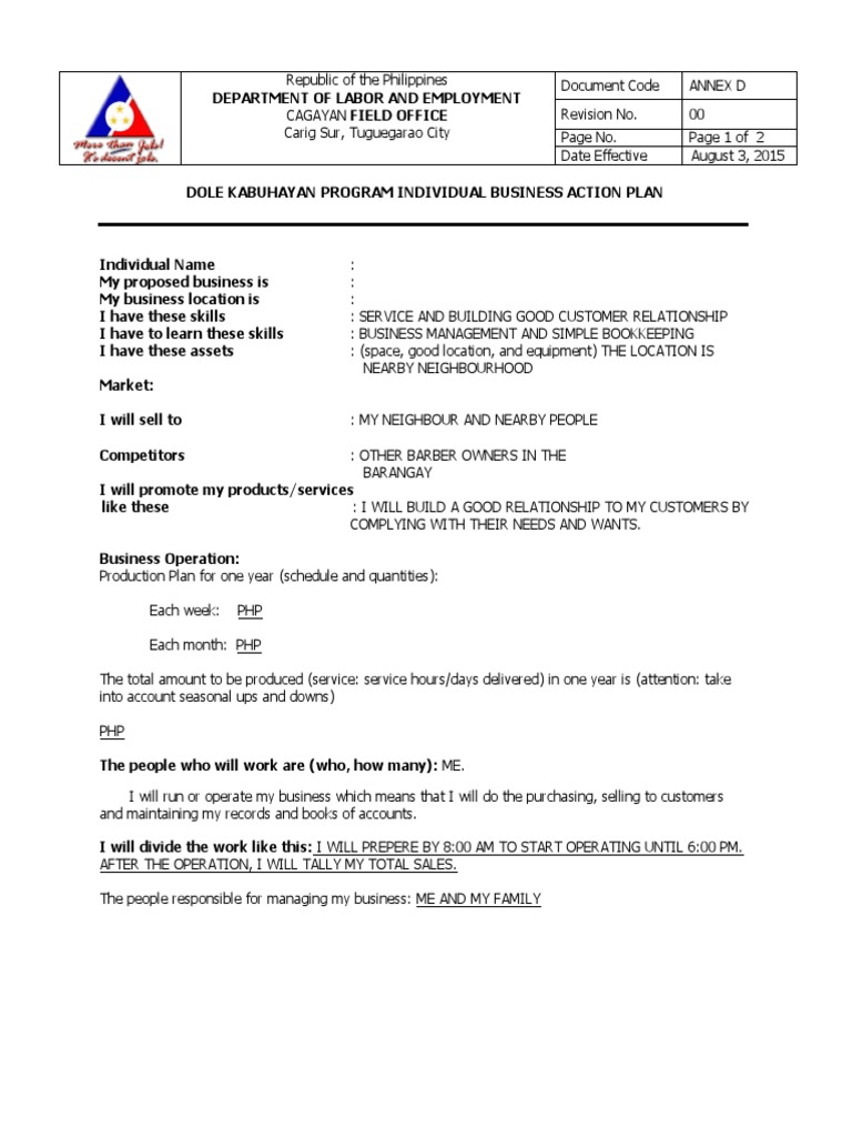 Dole Kabuhayan Program Individual Business Action Plan | PDF ...