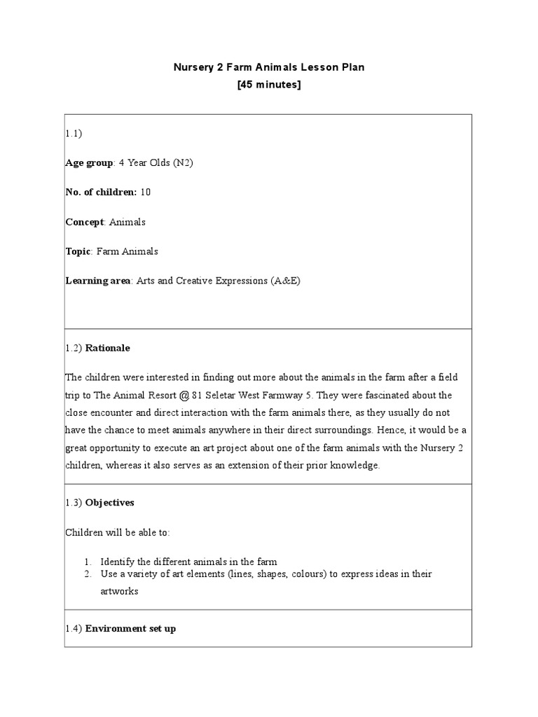 Nursery 2 Farm Animals Lesson Plan | PDF | Preschool