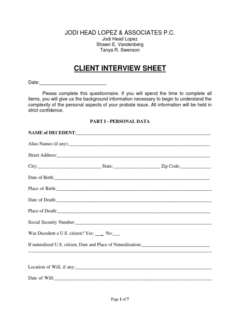 Client Interview Sheet: Jodi Head Lopez & Associates P.C | Download ...