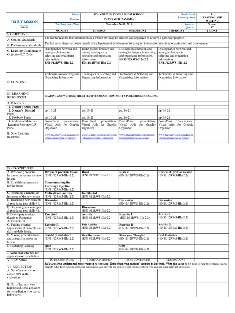 Grade 11 Reading & Writing Plan | PDF | Teachers | Information
