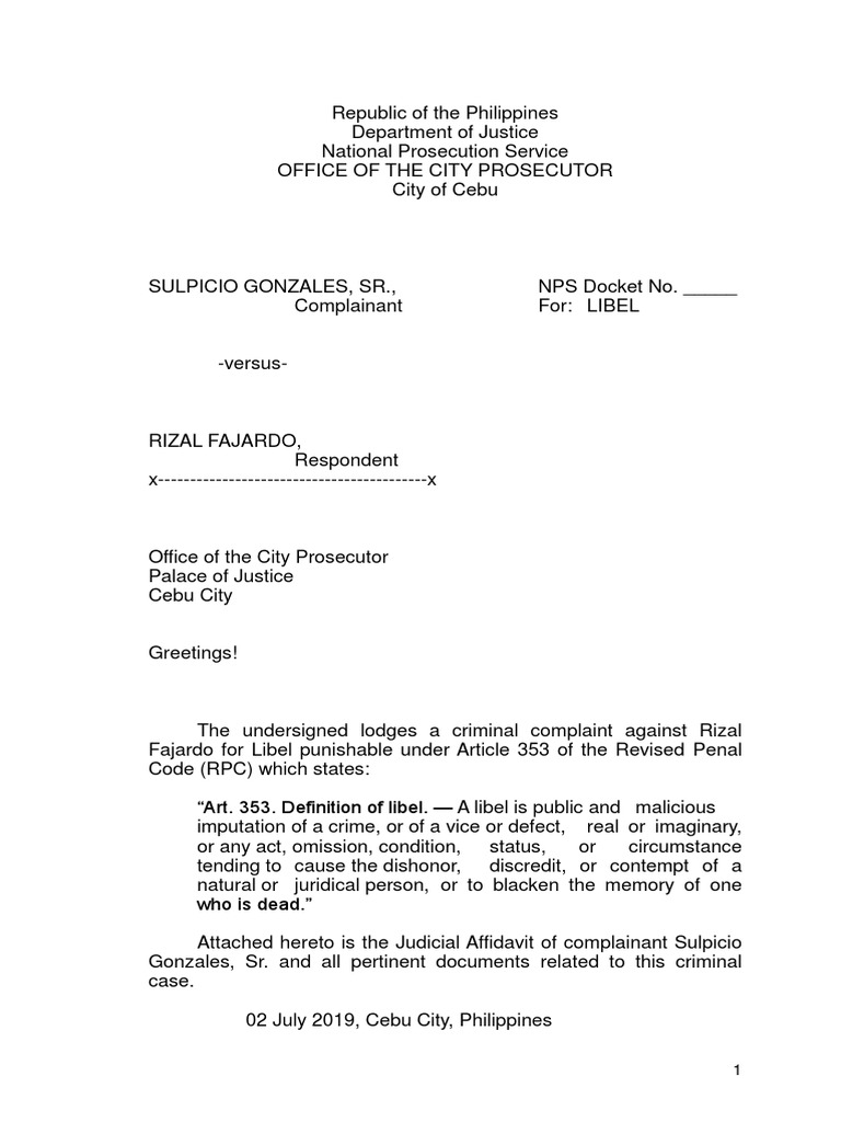 Complaint Affidavit Libel | PDF | Defamation | Perjury