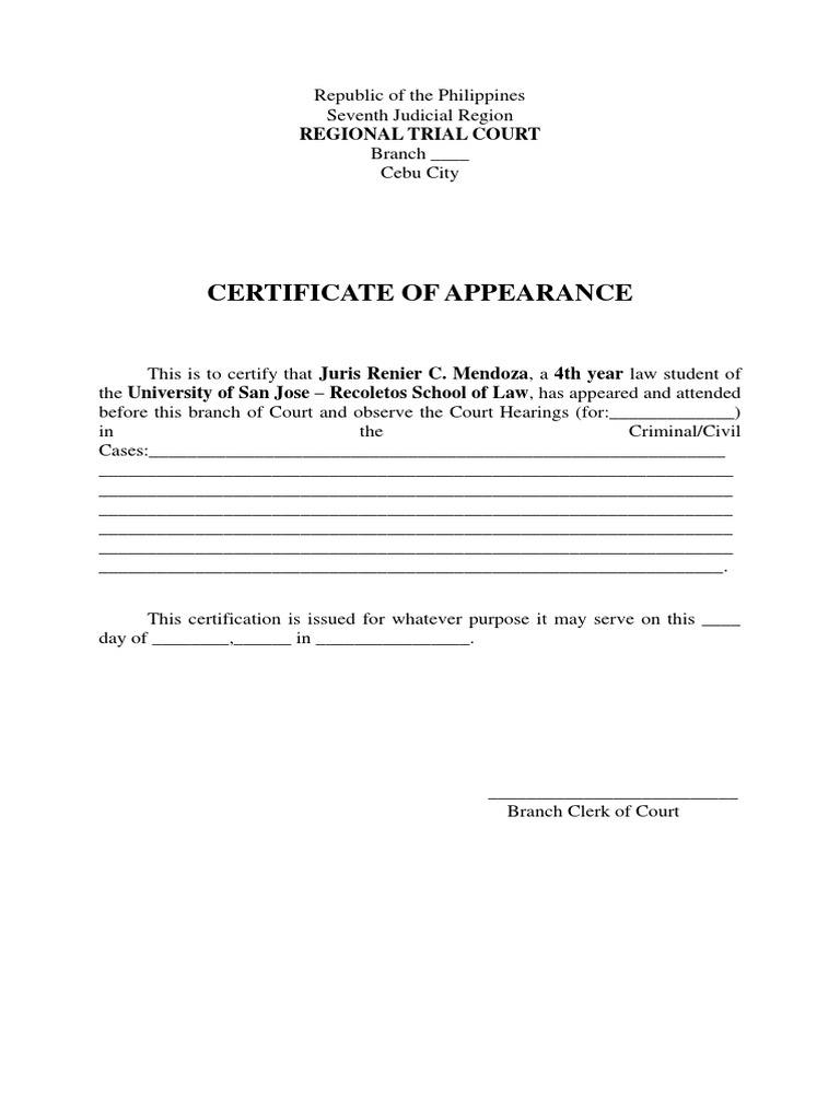 Certificate of Appearance: Regional Trial Court | PDF | Law Clerk | Trials