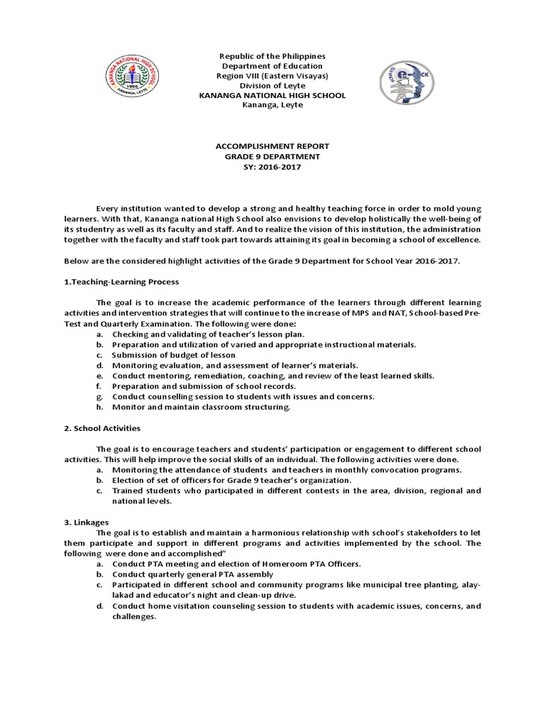 Accomplishment Report-Grade Leve | PDF | Teachers | Education Theory