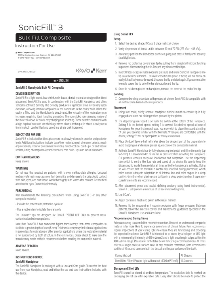 SonicFill 3 e IFU Instructions For Use | PDF | Shelf Life | Composite ...