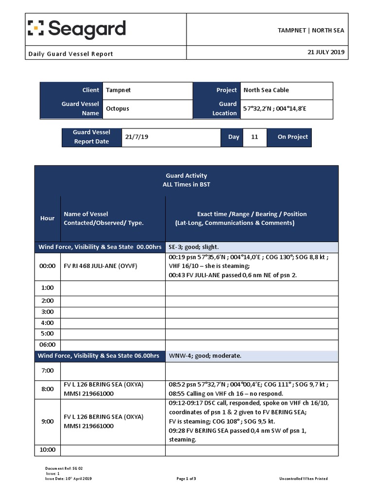 Daily Guard Vessel Report - North Sea | PDF | Ships | Water Transport