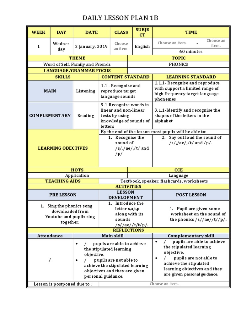 Year 1 Template Lesson Plan | PDF | Phonics | English Language