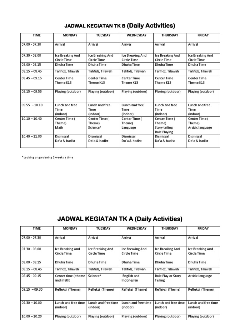 Daily Activity Schedules for Preschool Classes TK A and TK B | PDF
