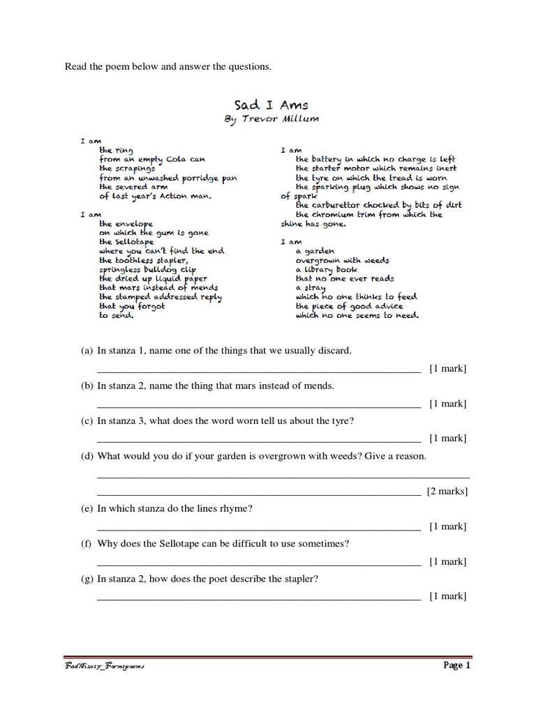 Poem Form 1 Exercise - Sad I Ams | PDF | Poetry