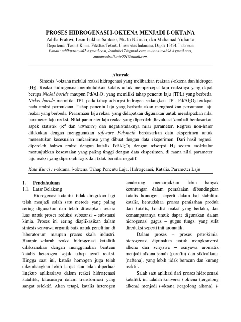 Hidrogenasi i-Oktena Menjadi i-Oktana | PDF