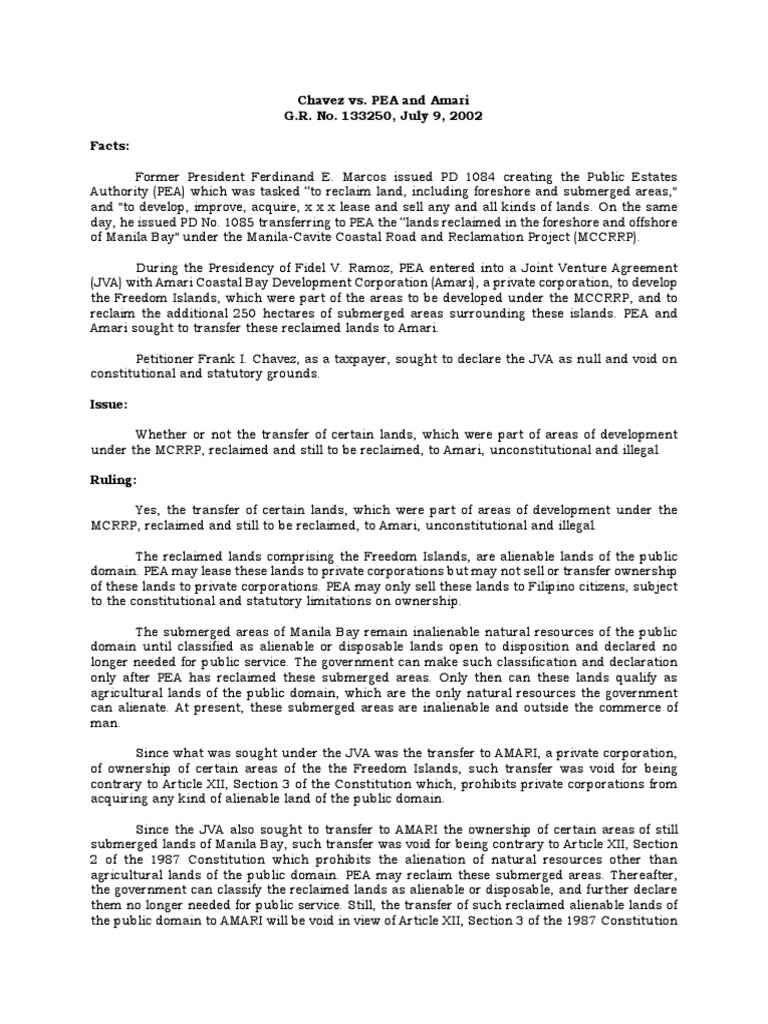 Chavez vs. PEA and Amari G.R. No. 133250, July 9, 2002 Facts | PDF ...